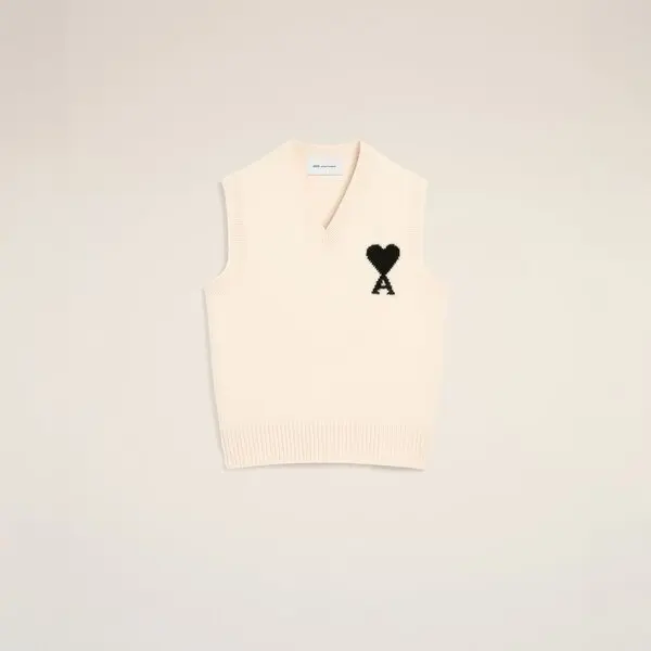 AMI Paris Sleeveless V-neck Wool Sweater With De Coeur Logo - Off White/black