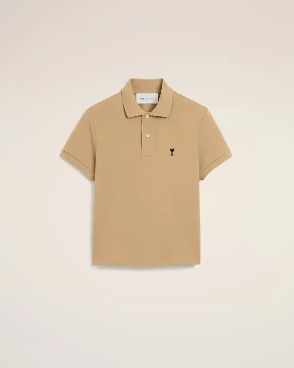 AMI Paris Beige Cotton Polo With De Coeur Beige
