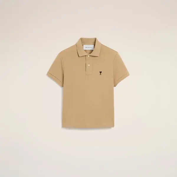AMI Paris Beige Cotton Polo Shirt With De Coeur Embroidery - Mastic Beige/black