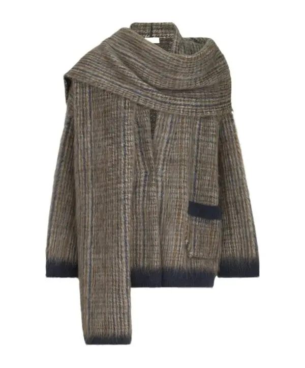 Brunello Cucinelli Mohair And Wool Prince Of Wales Double-knit Outerwear Jacket With Scarf - Black