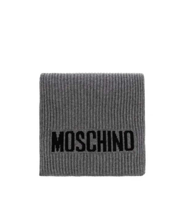 Moschino Intarsia Knit Logo Ribbed Scarf - Grey