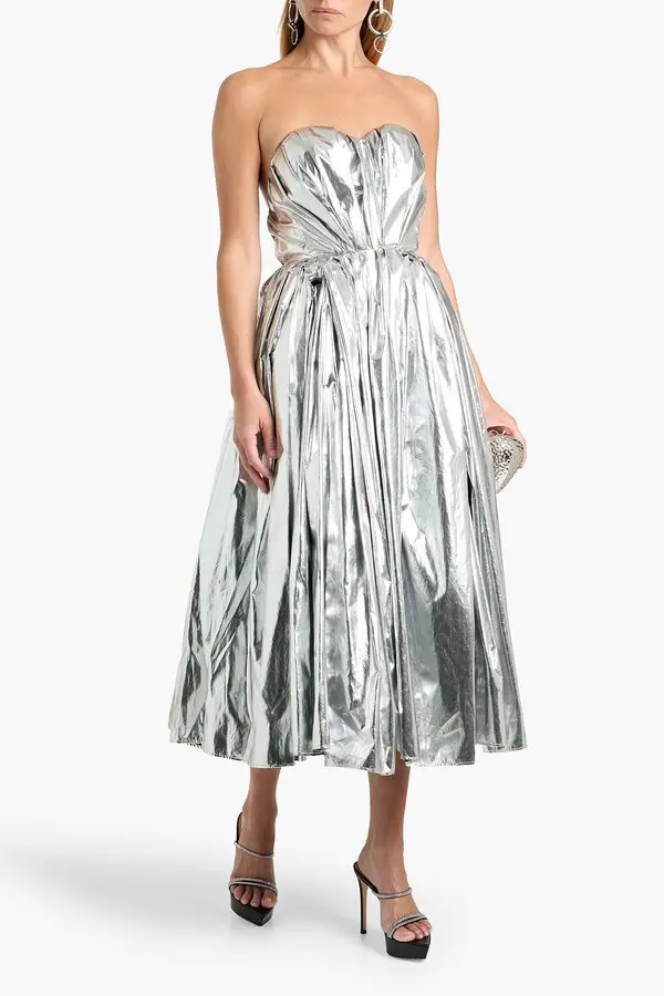 Alexander McQueen Strapless Bow-detailed Metallic Woven Midi Dress