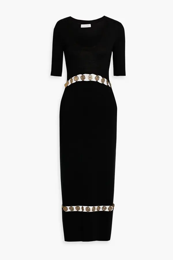 Rabanne Embellished Cutout Wool-blend Midi Dress - Black