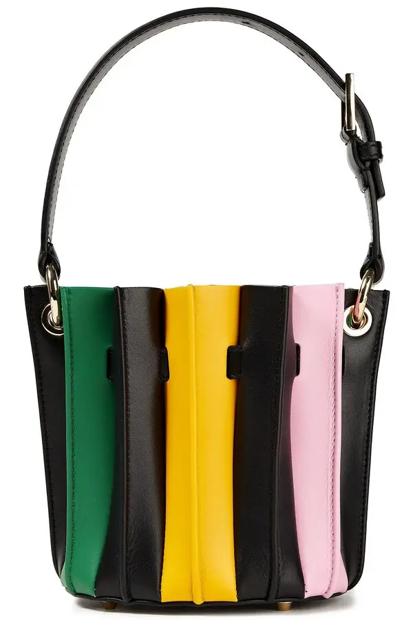 Sara Battaglia Plissé Colorblock Leather Bucket Bag - Black