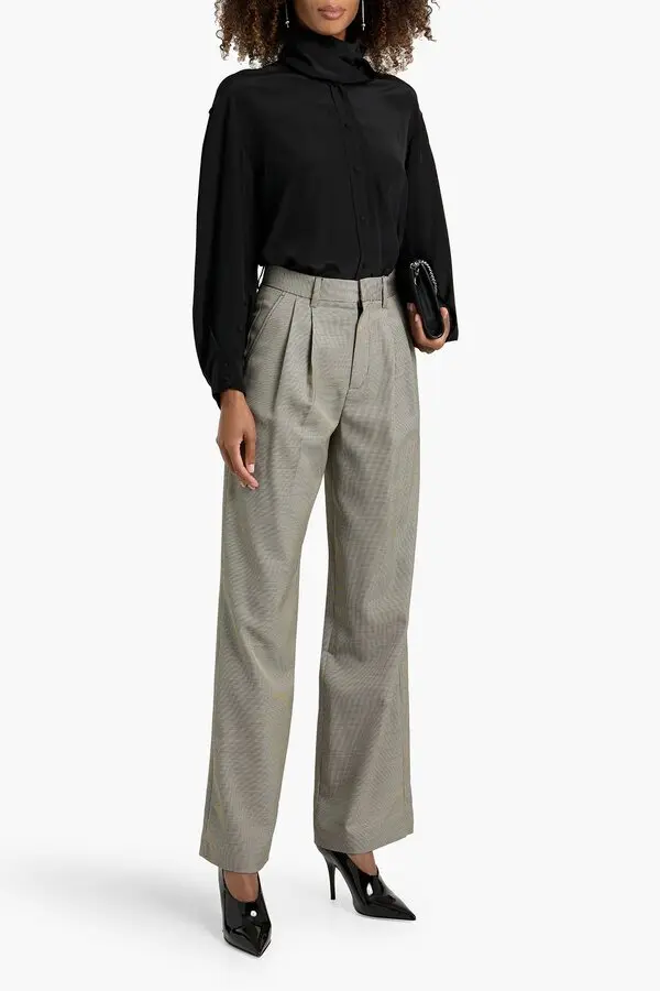 ANINE BING Carrie Pleated Houndstooth Woolblend Straightleg Pants