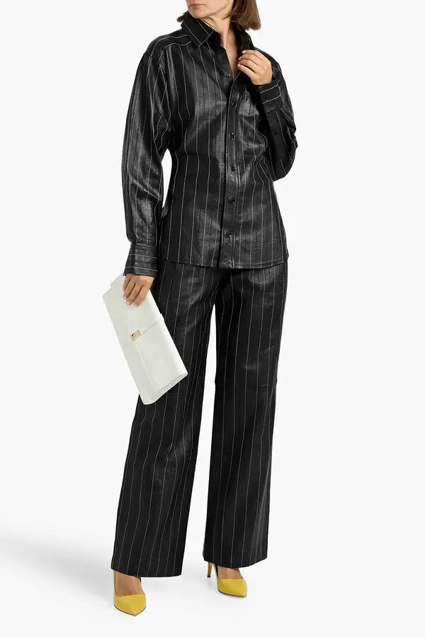 Victoria Beckham Embroidered Pinstriped Leather Shirt