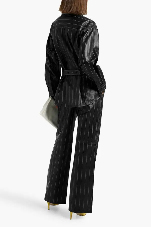 Victoria Beckham Embroidered Pinstriped Leather Shirt
