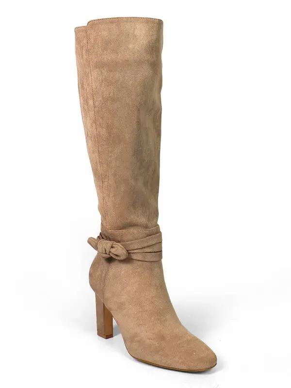 Frederick's Of Hollywood Janeth Suede Ankle Knot Chunky Heel Boots - Taupe