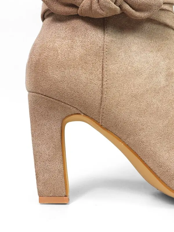 Frederick's Of Hollywood Janeth Suede Ankle Knot Chunky Heel Boots - Taupe