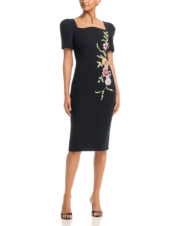 Rickie Freeman For Teri Jon Stretch Crepe Short Puff Sleeve Scalloped Dress - Black Multi