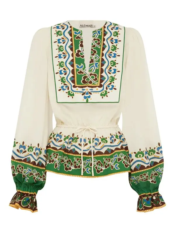 ALEMAIS Relaxed Ramie Blouse With Floral Border Print - Bianco