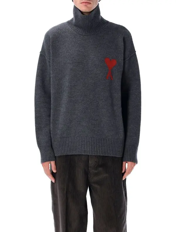 AMI Paris Wool Turtleneck Sweater With Intarsia Motif - Grigio