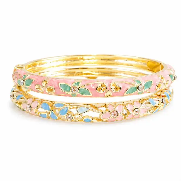 NUVV COLLECTION Pastel Floral Enamel Bangle Bracelet Set - Pink