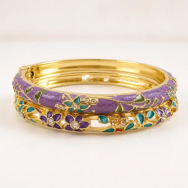 NUVV COLLECTION Pastel Floral Enamel Bangle Set - Purple