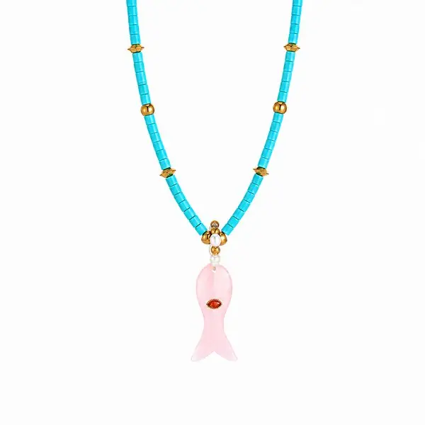 ORMIRO Love Fish Turquoise & Rose Quartz Beaded Necklace - Pink
