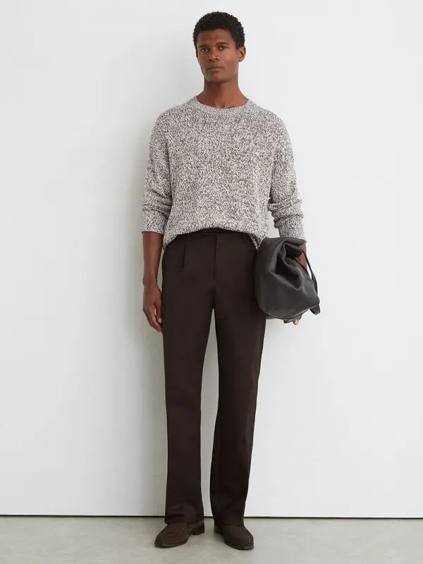 REISS Look Cotton Slub Relaxed-fit Pleated Trousers - Brown