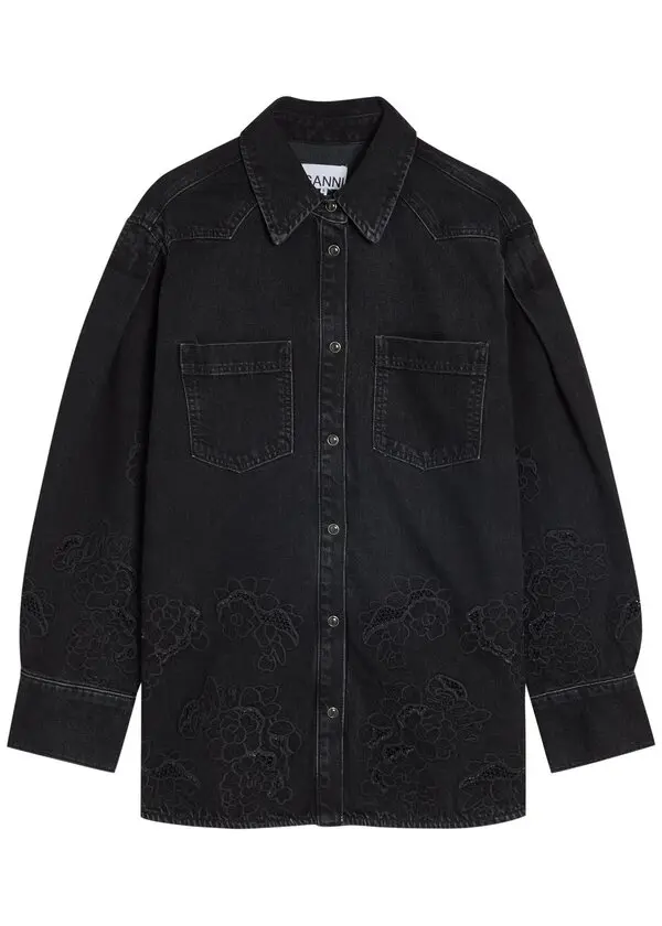 GANNI Floral-embroidered Washed Denim Shirt - Black