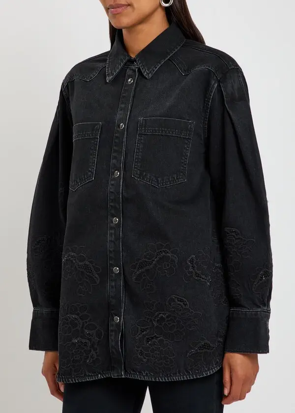 GANNI Embroidered Denim Shirt - Black