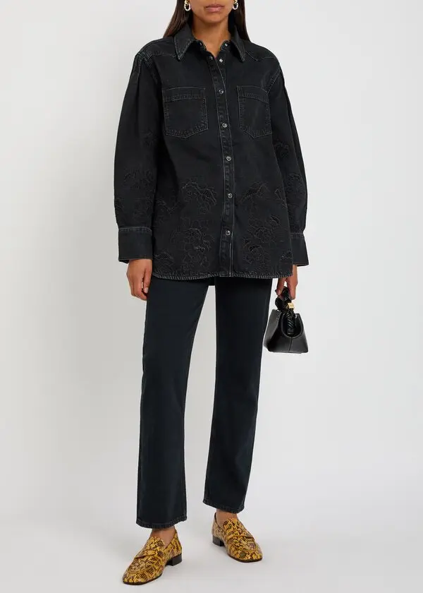GANNI Embroidered Denim Shirt - Black