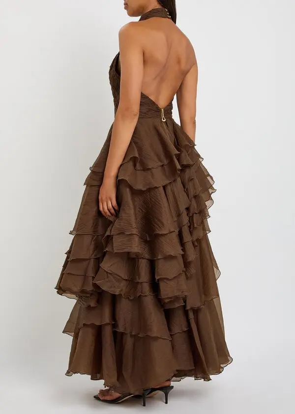 Aje Fayette Halterneck Ruffled Gown - Dark Brown