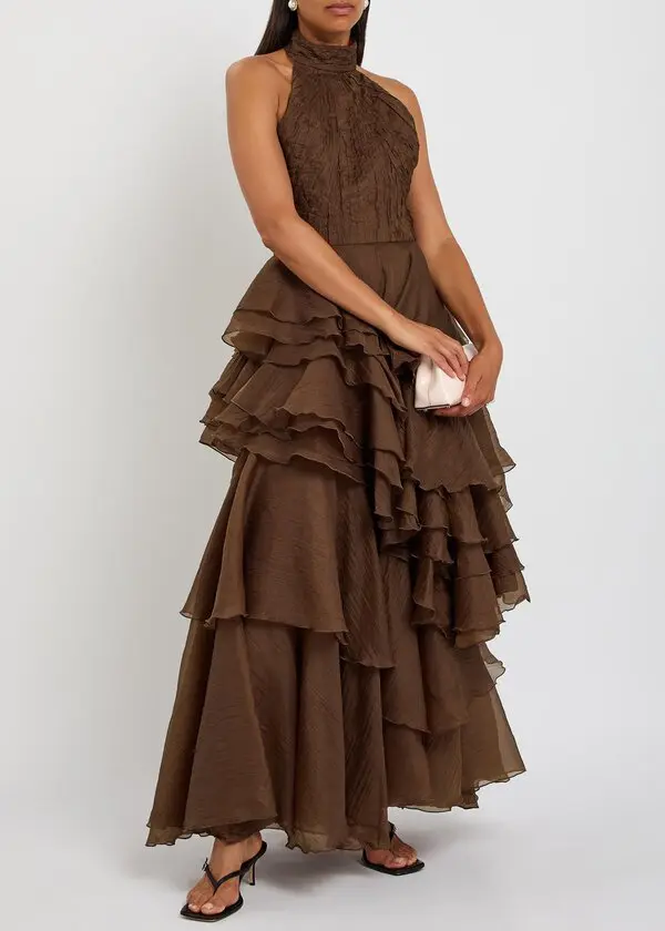 Aje Fayette Halterneck Ruffled Gown - Dark Brown