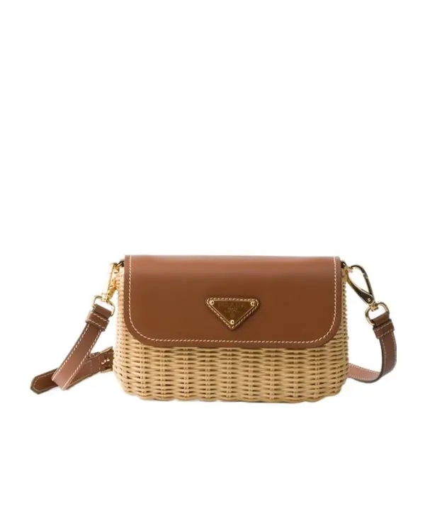 Prada Wicker And Leather Shoulder Bag - Beige/cognac