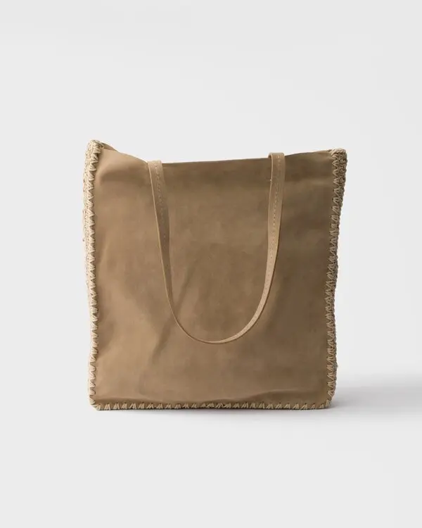 Prada Large Suede And Crochet Tote Bag