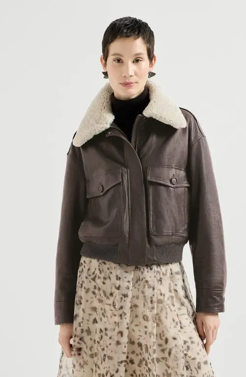 Brunello Cucinelli Polished Nappa Leather Aviator Jacket With Detachable Shearling Collar And Monili