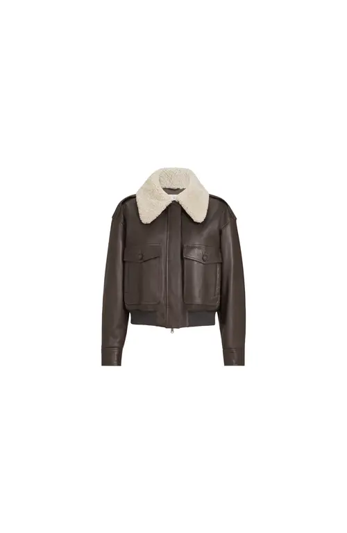 Brunello Cucinelli Polished Nappa Leather Aviator Jacket With Detachable Shearling Collar And Monili
