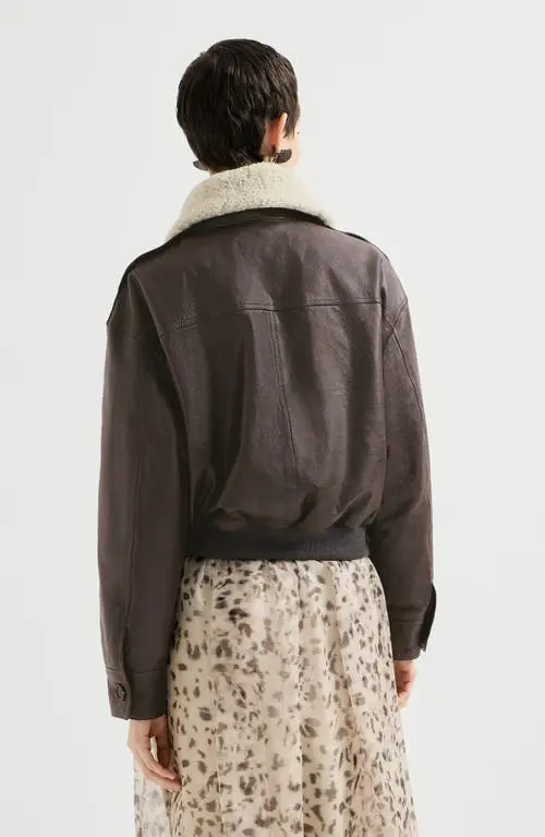 Brunello Cucinelli Polished Nappa Leather Aviator Jacket With Detachable Shearling Collar And Monili