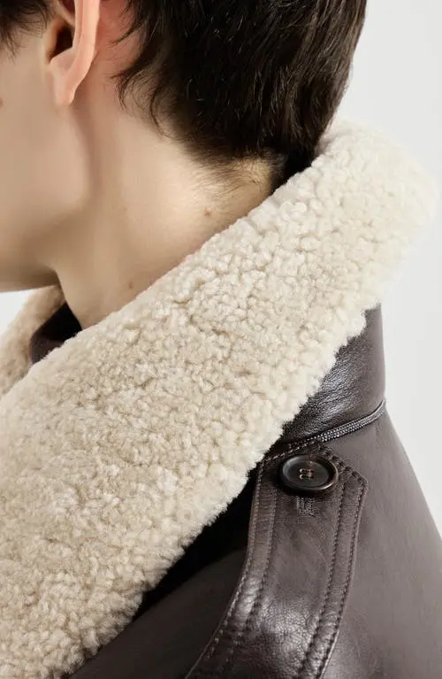 Brunello Cucinelli Polished Nappa Leather Aviator Jacket With Detachable Shearling Collar And Monili