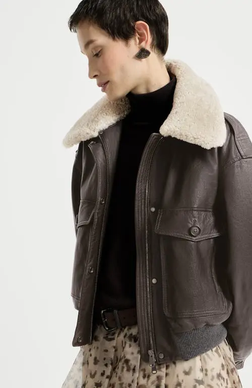 Brunello Cucinelli Polished Nappa Leather Aviator Jacket With Detachable Shearling Collar And Monili