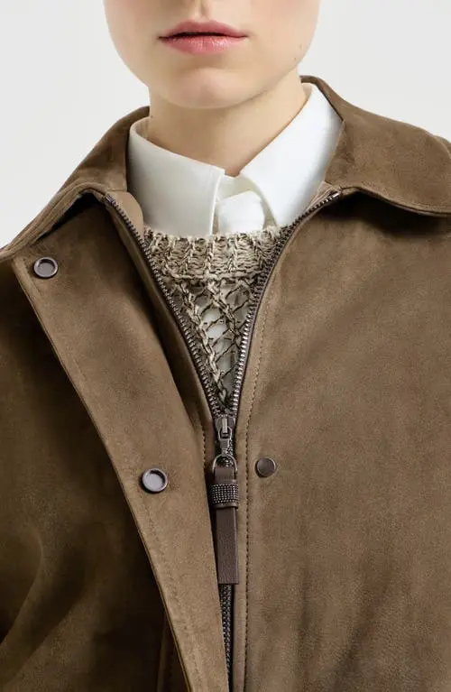 Brunello Cucinelli Couture Suede Outerwear Jacket With Shiny Zipper Pull