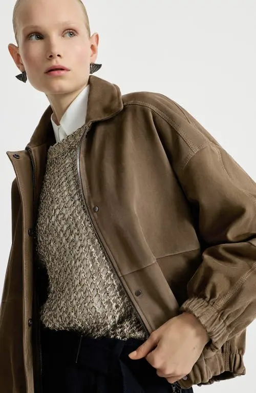 Brunello Cucinelli Couture Suede Outerwear Jacket With Shiny Zipper Pull