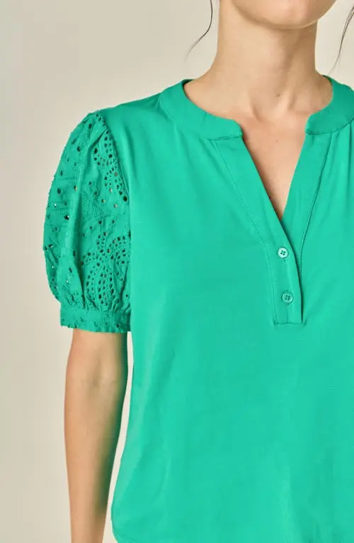 English Factory Mixed Media Eyelet Sleeve Top