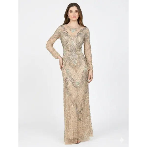 LARA NEW YORK Long Sleeve Beaded Gown - Nude/multi