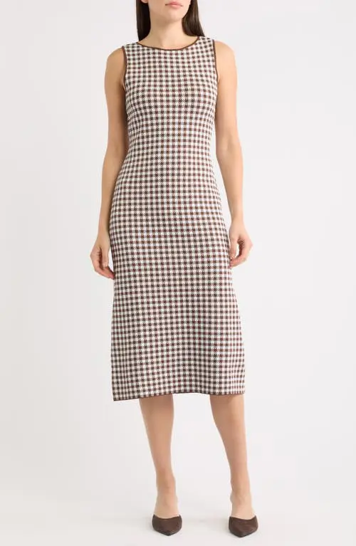 Halogen Sleeveless Boat Neck Houndstooth Midi Dress - Chocolate Fudge