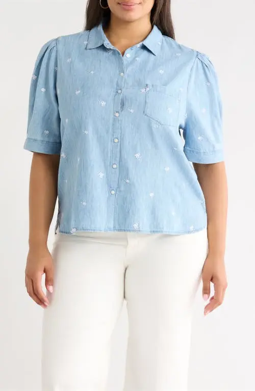 Caslon Embroidered Short Sleeve Chambray Shirt - Light Wash