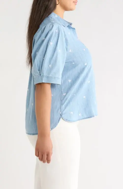 Caslon Embroidered Short Sleeve Chambray Shirt