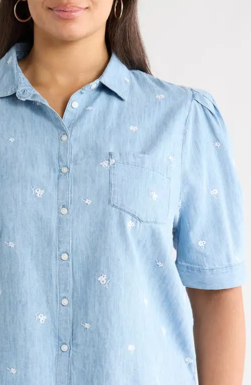 Caslon Embroidered Short Sleeve Chambray Shirt
