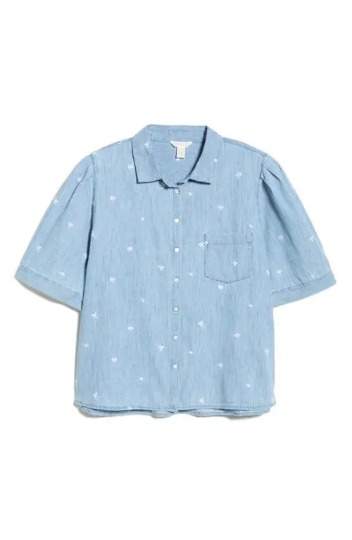 Caslon Embroidered Short Sleeve Chambray Shirt