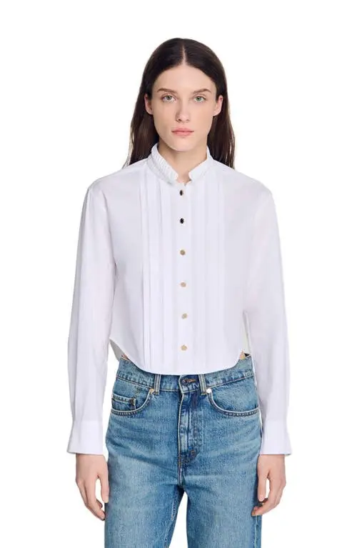 Sandro Pleated Shirt With Origami Collar - White