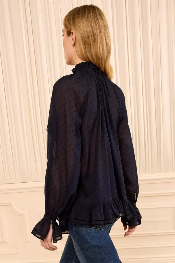 Ulla Johnson Marcella Long Sleeve Cotton Blouse With Polka Dot Motifs And Velvet Trim