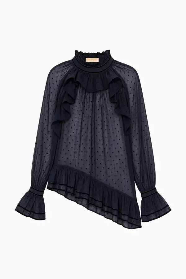 Ulla Johnson Marcella Long Sleeve Cotton Blouse With Polka Dot Motifs And Velvet Trim