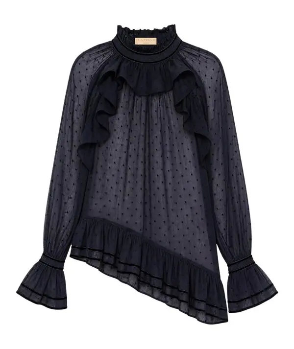 Ulla Johnson Marcella Long Sleeve Cotton Blouse With Polka Dot Motifs And Velvet Trim - Nightfall