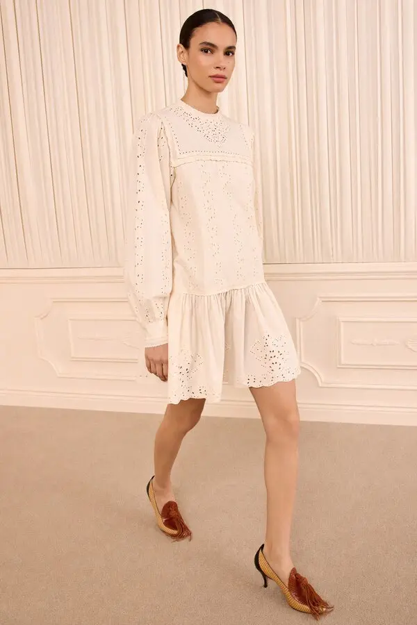 Ulla Johnson Keira Long Sleeve Cotton Mini Dress - Pearled Ivory