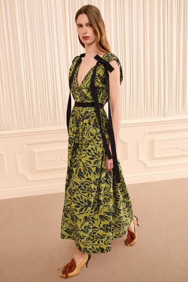 Ulla Johnson Karina Cotton Bow Dress With Floral Print - Chartreuse