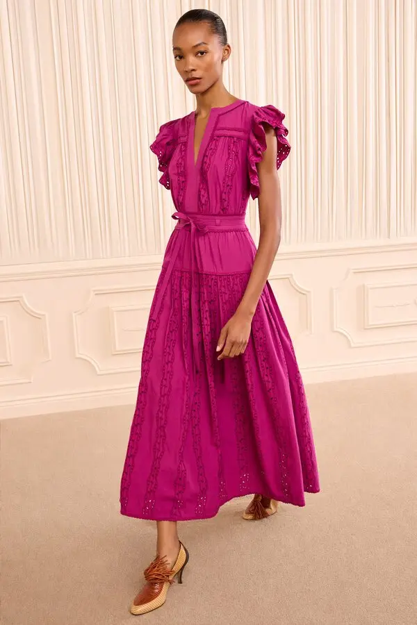 Ulla Johnson Dani Cotton Midi Dress With Scalloped Eyelet Embroidery - Orchid