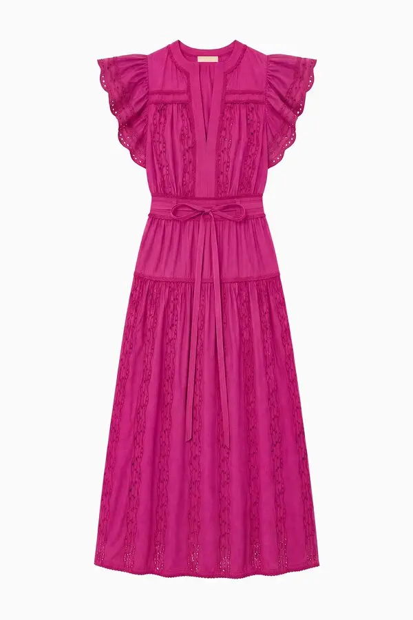 Ulla Johnson Dani Cotton Midi Dress With Scalloped Eyelet Embroidery - Orchid
