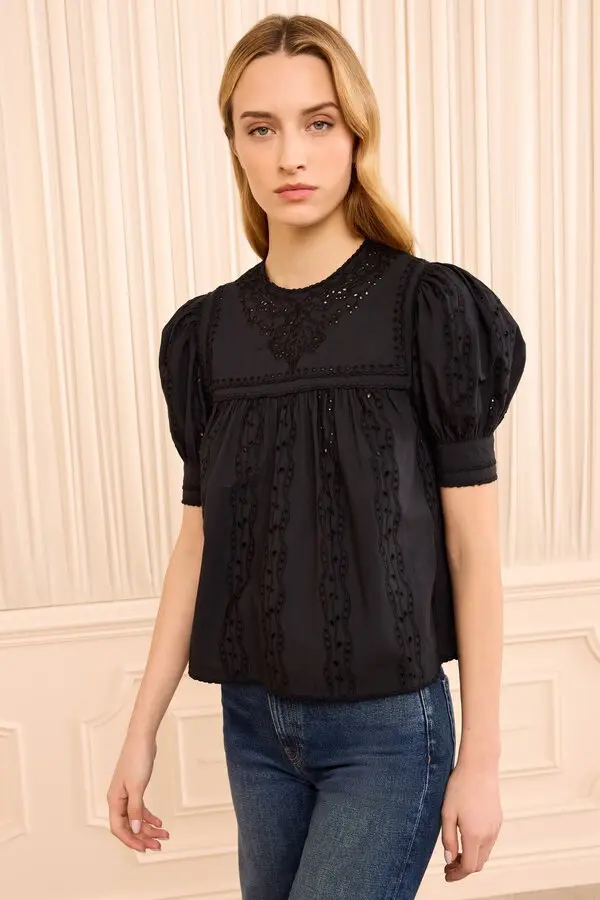 Ulla Johnson Short Sleeve Cotton Top With Puff Sleeves And Eyelet Embroidery